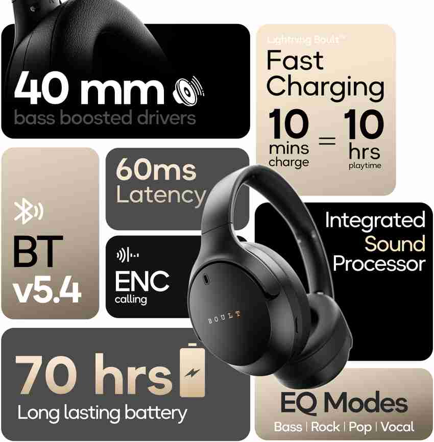 Boult Q 70Hrs Battery ENC Mic 40mm Boosted Drivers 4 EQ Modes Supreme Bass 5.4v Bluetooth Wired Price in India Buy Boult Q 70Hrs Battery ENC Mic 40mm Boosted Drivers