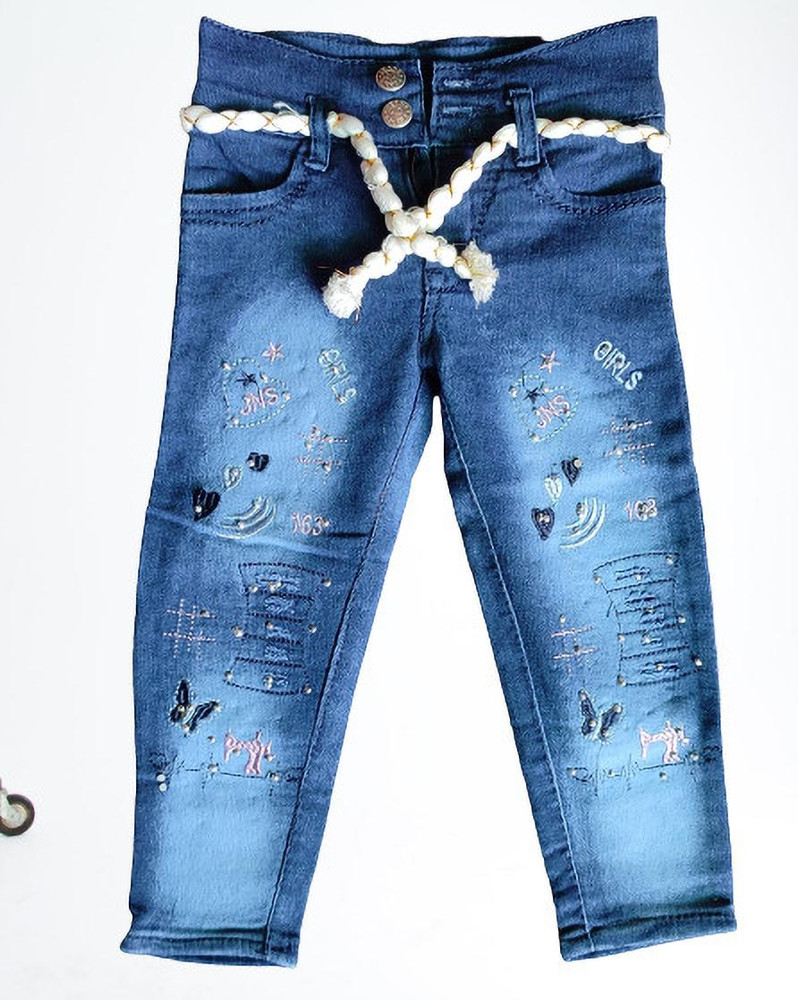 Buy Girls Blue Denim Embroidered Jeans With Belt 125450283