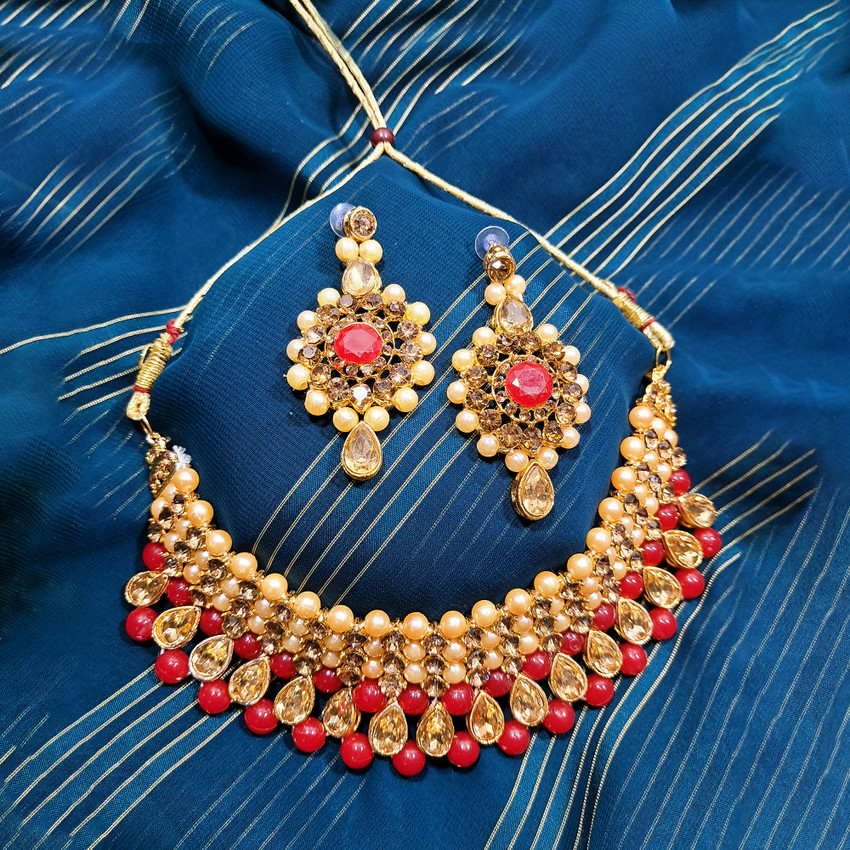 Hemshail Trendy Kundan Wedding Red Choker Jewellery set for Women Diamond Gold plated Plated Alloy Necklace Set Price in India Buy Hemshail Trendy Kundan Wedding Red Choker Jewellery set for Women Dia...