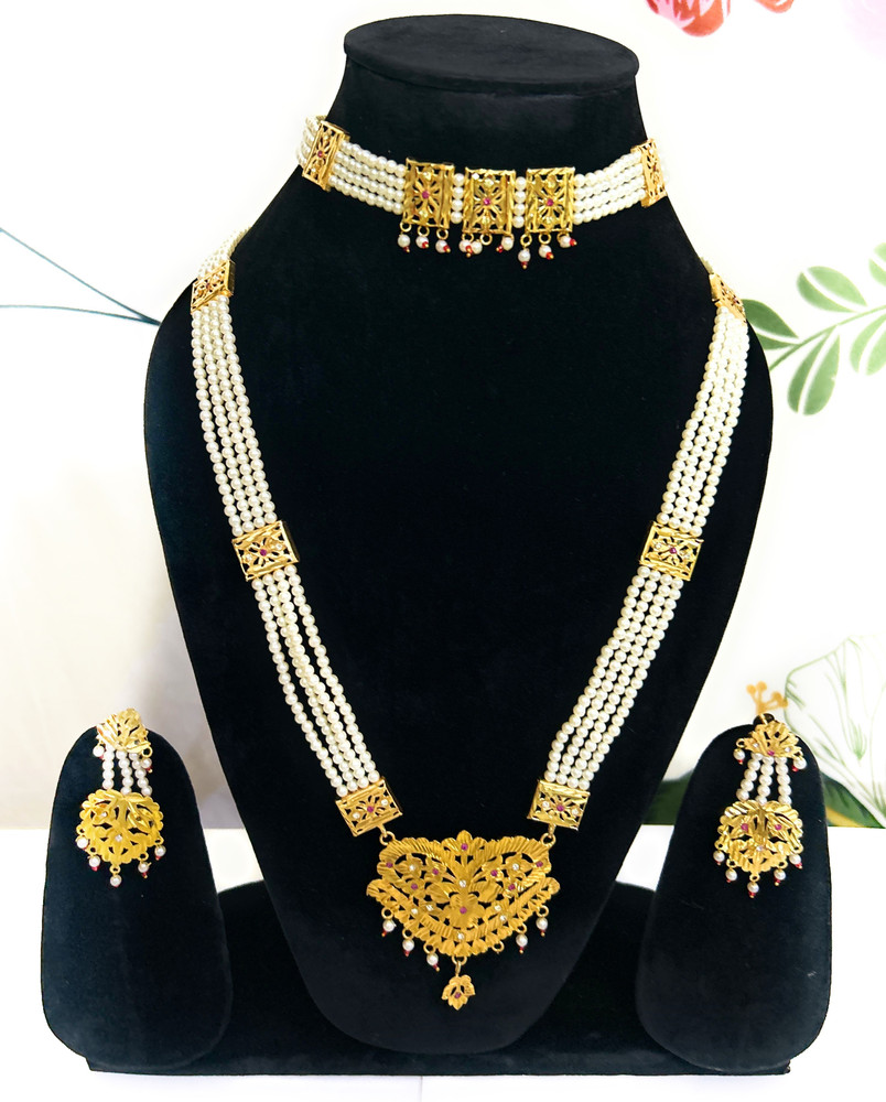 SMARNN 22K Micro Gold Plated Sita Rani Neckalce with Dori for Women Pearl Zircon Gold plated Plated Metal Necklace Set