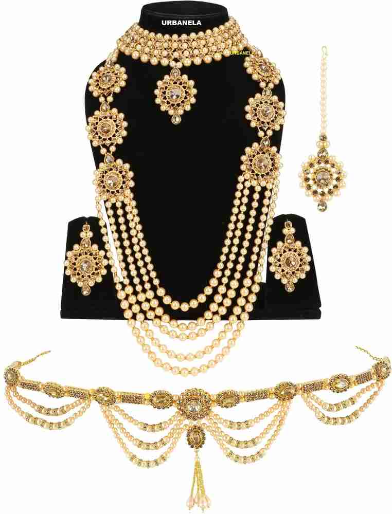 URBANELA navratri pearl moti Bridal jewellery Choker long necklace kamarband set Beads Pearl Gold plated Plated Alloy Necklace Set Price in India Buy URBANELA navratri pearl moti Bridal jewellery Chok...