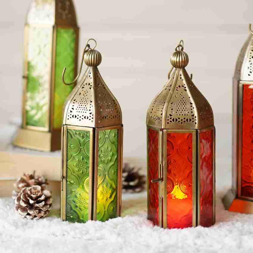 BEHOMA Metal Glass Moroccan Lantern Orange Green Small Set of 2 Orange Green Metal Glass Hanging Lantern