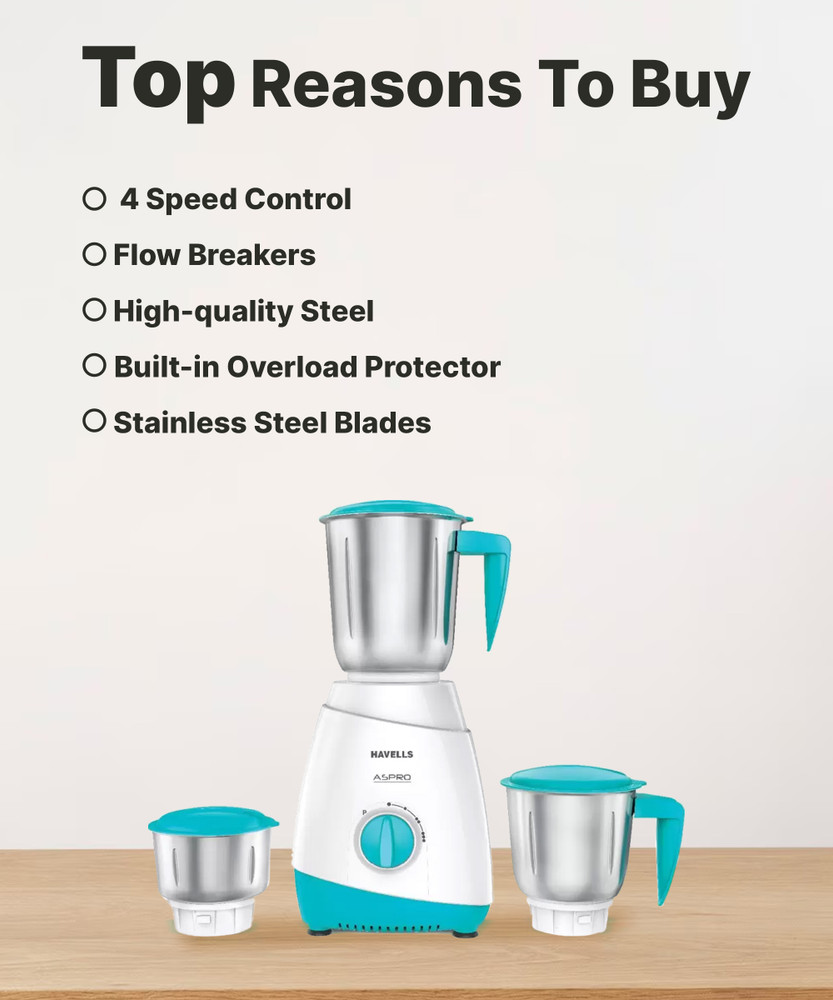 HAVELLS Aspro 500W Mixer Grinder 3 Jar White Light Blue Price in India Buy HAVELLS Aspro 500W Mixer Grinder 3 Jar White Light Blue Online at Flipkart