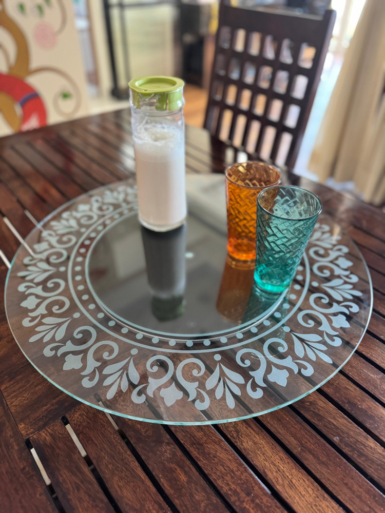 SHIYON 24 Inch Glass Revolving Lazy Susan Turntable for Dining Table Printed Crown S26 Chip Dip Tray Price in India Buy SHIYON 24 Inch Glass Revolving Lazy Susan Turntable for Dining Table Printed Cro...
