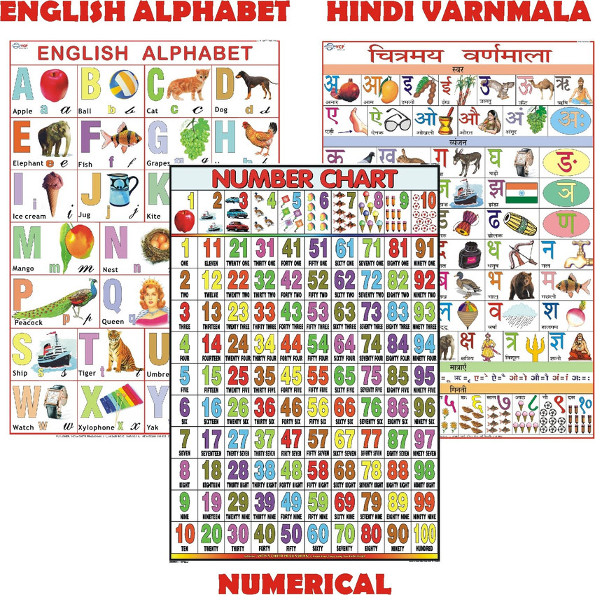 ABCD,1-100 Numbers And Hindi Varnamala Alphabet Charts Wall, 51% OFF