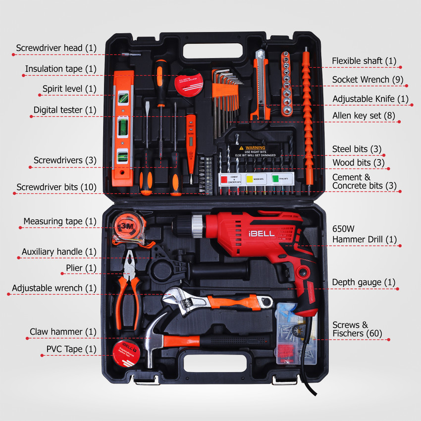 iBELL Tool Kit with Impact Drill TD13 100 650W Copper Armature Chuck 13mm Keyless Power Hand Tool Kit Price in India Buy iBELL Tool Kit with Impact Drill TD13 100 650W Copper