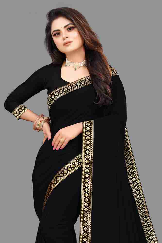 Plain Black Saree With Golden Border