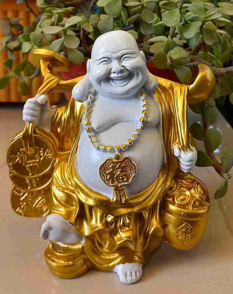 Sawcart Laughing Buddha Statue Holding Ingot Gold Coins Good Luck Money Feng Shui Decorative Showpiece 14 cm Price in India Buy Sawcart Laughing Buddha Statue Holding Ingot Gold