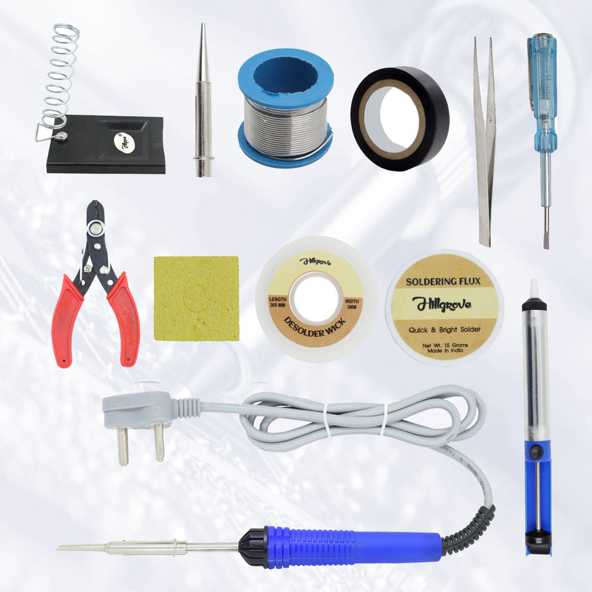 Hillgrove 12in1 Basic Complete 25W Soldering Iron Kit with 5 Meter Solder Wire Scrub Pump Cutter Tester Tweezer Tape Bit Flux Wick 25 W Simple Price in India Buy Hillgrove 12in1