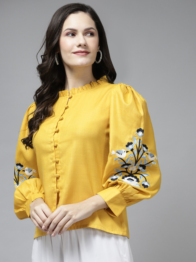 W official Yellow Embroidered Top