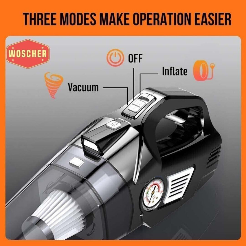 Woscher 578 2in1 Portable Air Compressor Tyre Inflator with Car Vacuum Cleaner DC12V High Power 5500PA Handheld Car Vacuum w LED Light 12FT Power Cord for Wet Dry Use Tyre Inflator Car Vacuum Cleaner