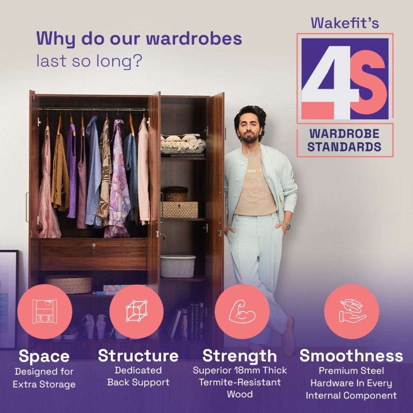 Wakefit 3 door wardrobe with drawer store