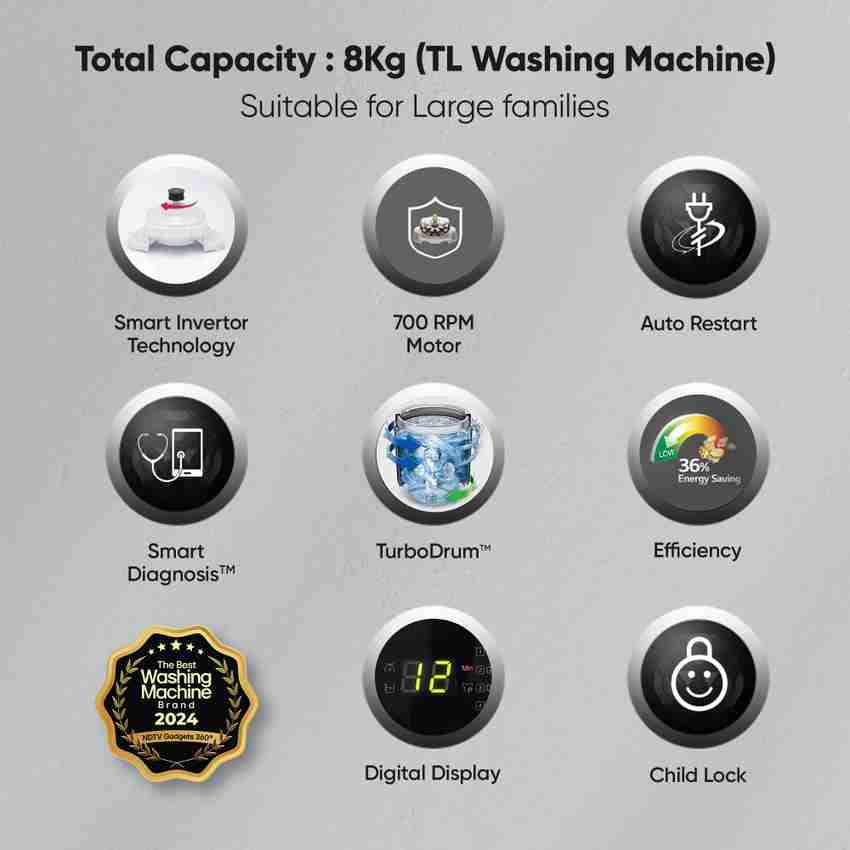 LG 8 kg 5 Star with Smart Inverter Technology TurboDrum and Smart Diagnosis Fully Automatic Top Load Washing Machine Silver Price in India Buy LG 8 kg 5 Star with Smart