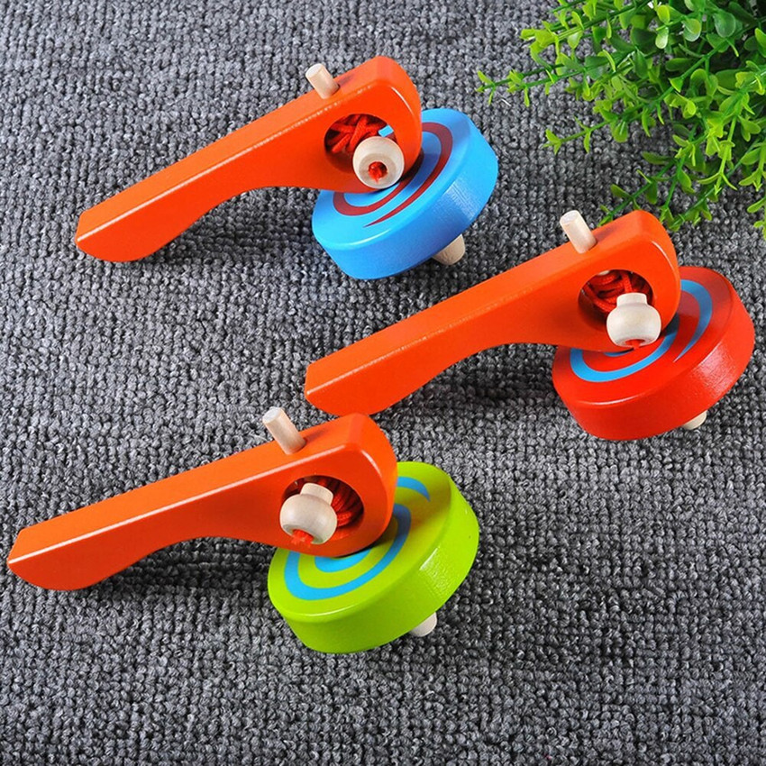 MEIDELI Classic Wooden Peg Top Spinning Gyro With Launcher