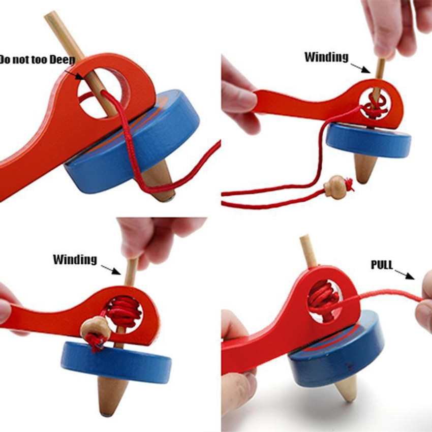 MEIDELI Classic Wooden Peg Top Spinning Gyro With Launcher