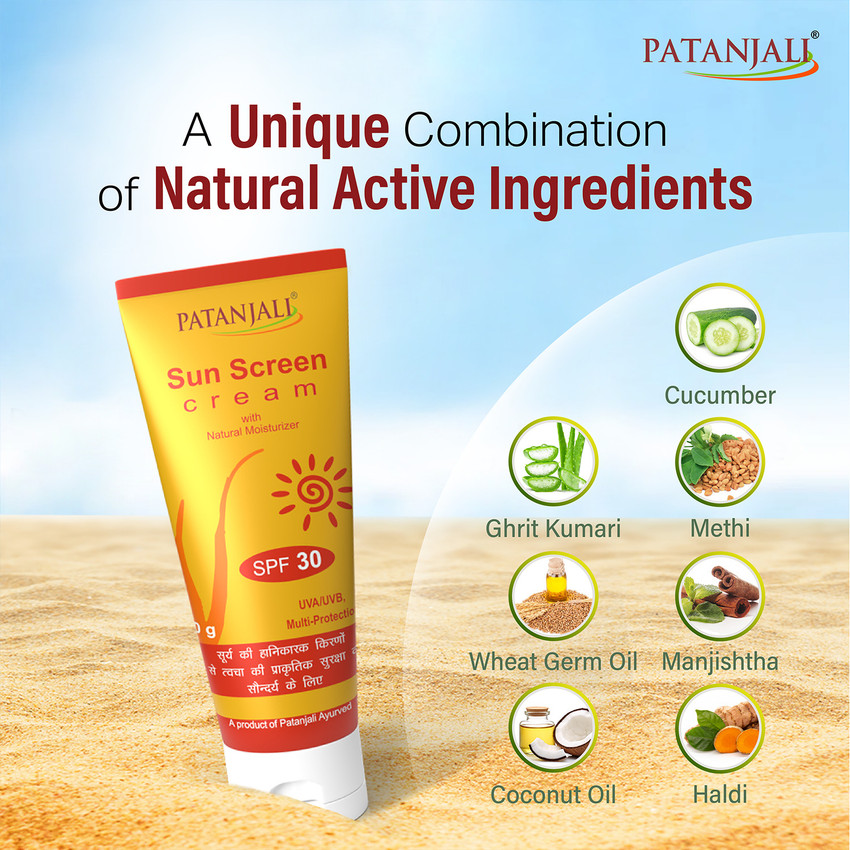 PATANJALI Sunscreen SPF 30 Sunscreen Sweat Waterproof Sun Protection Cream 50g x 4 Price in India Buy PATANJALI Sunscreen SPF 30 Sunscreen Sweat Waterproof Sun Protection