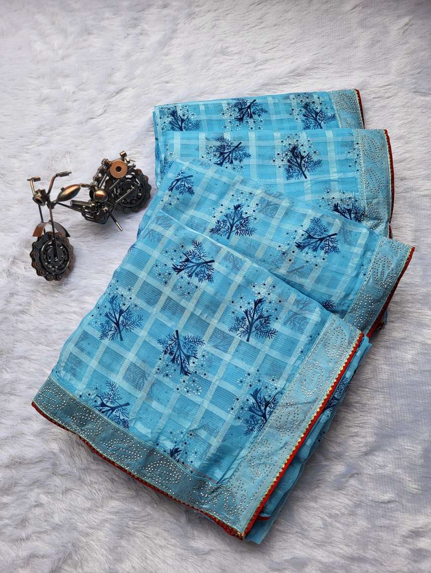 Buy Kylar Checkered, Printed, Embellished Banarasi Georgette Blue ...