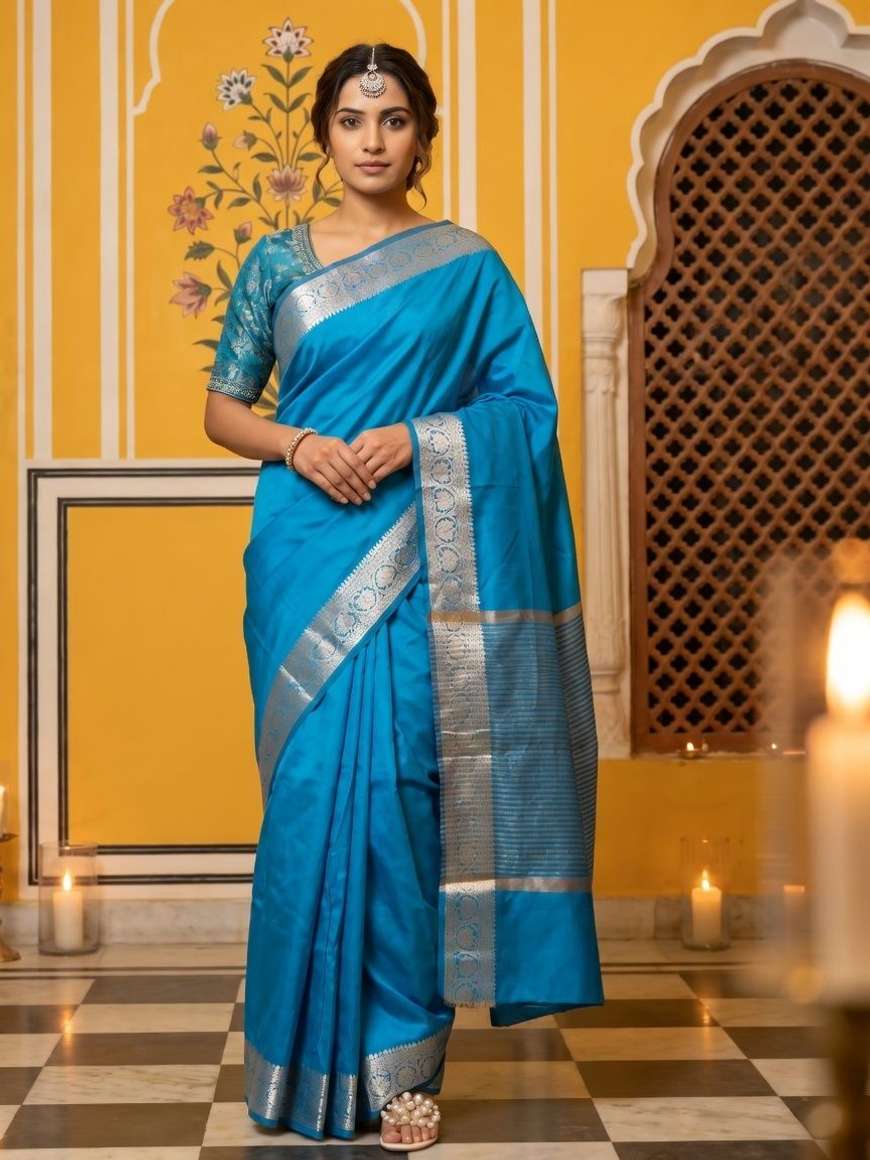 Buy ROYAL SATRANGI HOUSE Woven Banarasi Art Silk Light Blue Sarees ...