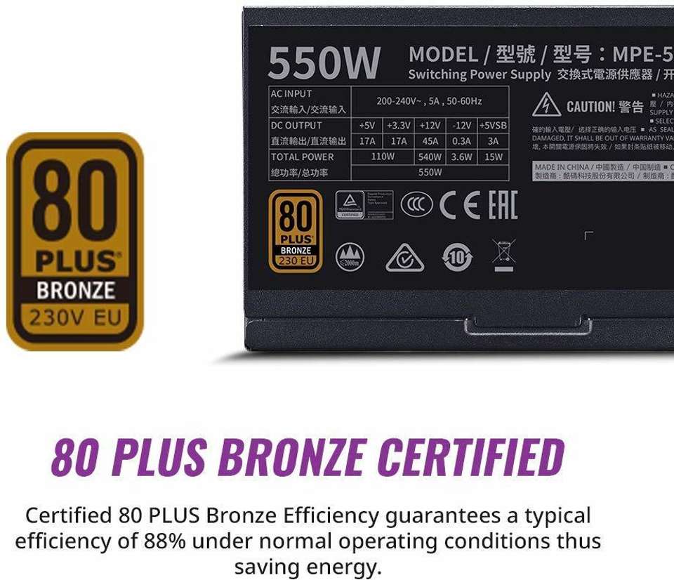 COOLER MASTER MWE 550 V2 230v, 80 Plus Bronze Certified 550 Watts ...