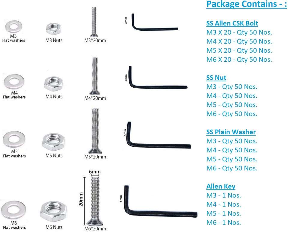 GSK Cut Nut & Bolt Set SS 202 Allen CSK Bolt Size M3/M4/ M5/M6 X 20mm ...