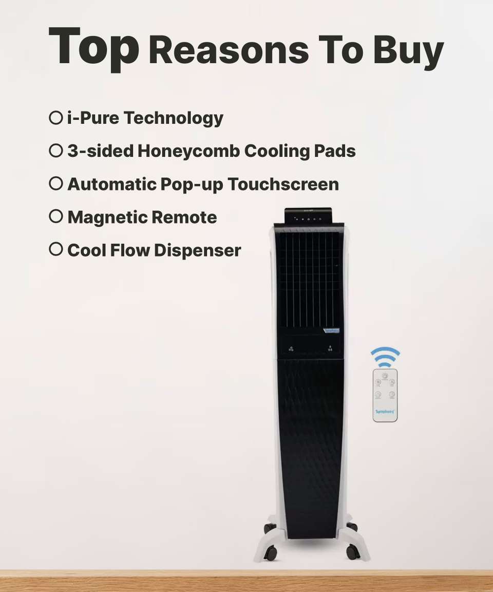 Symphony 50 L Tower Air Cooler with 3-sided Honeycomb Cooling Pads,SMPS ...