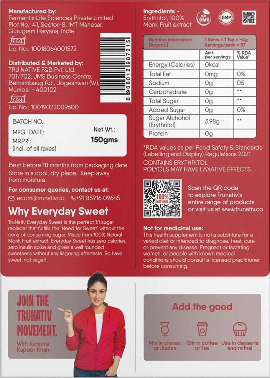 TruNativ Everyday Sweet Monkfruit Sweetener 1:1 Natural Sugar Replacer ...