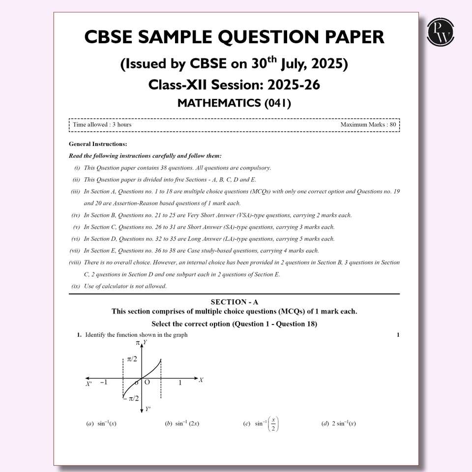 PW CBSE 12 Sample Question Papers Class 12 2025-26 - Phy, Chem, Maths ...