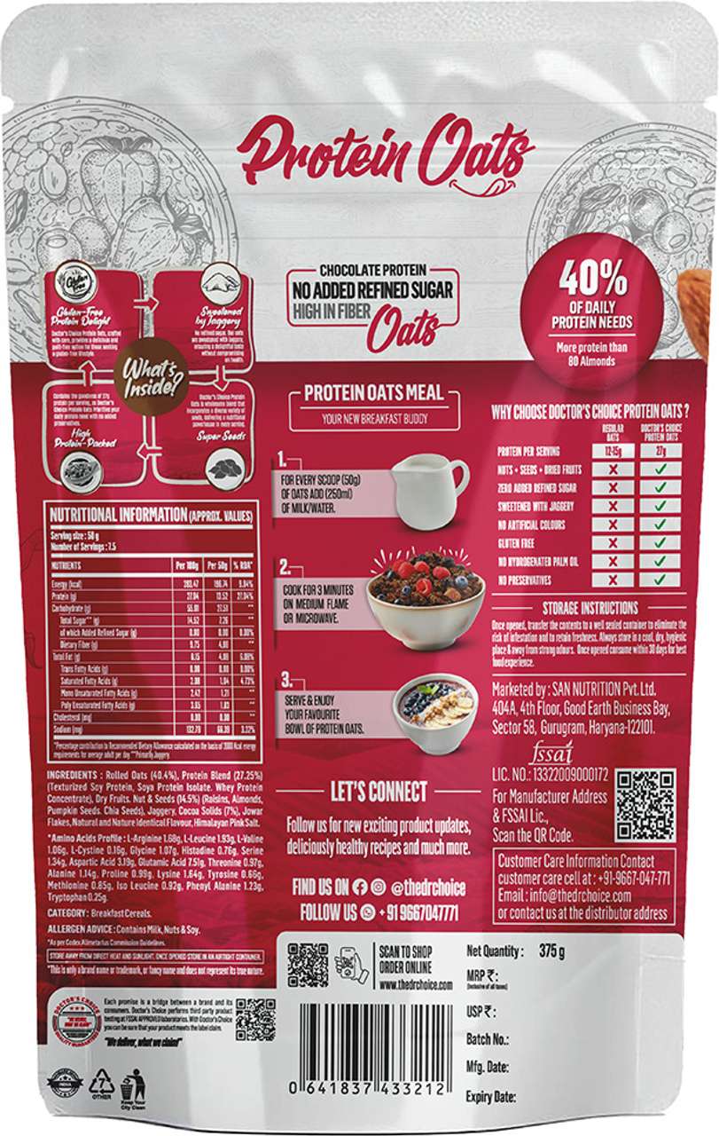 DOCTOR'S CHOICE Oats, 27g Pure Protein, Jaggery Sweetened, No Additives ...
