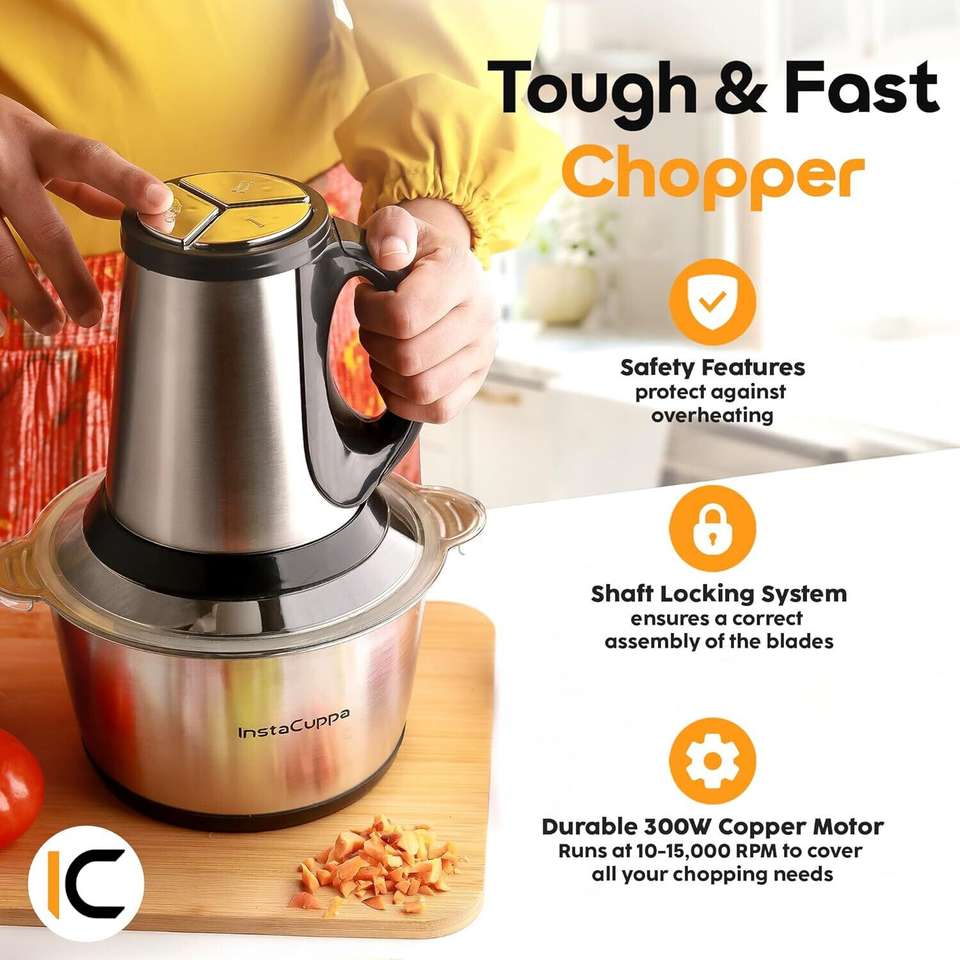 InstaCuppa Electric Chopper with 3 Attachments - GarlicPeeler, SS ...