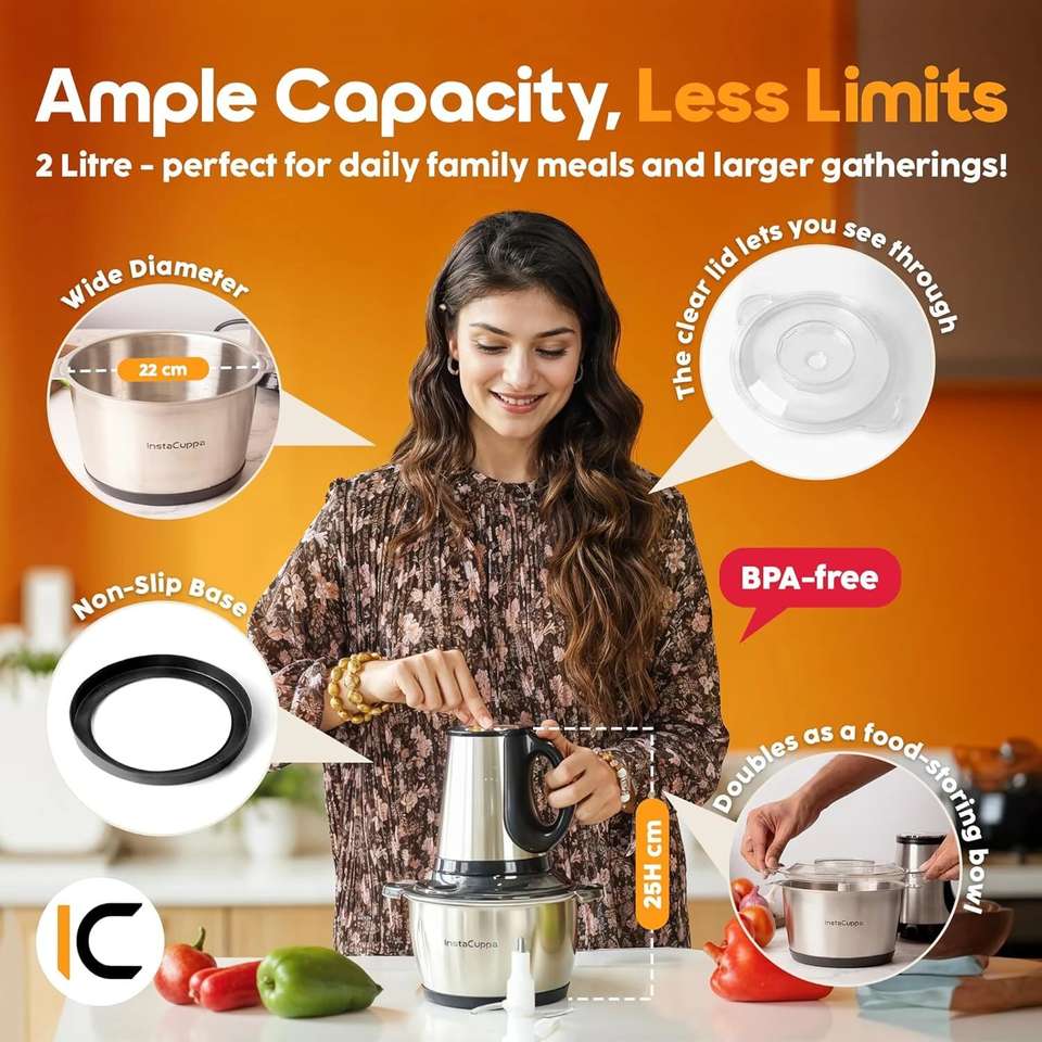 InstaCuppa Electric Chopper with 3 Attachments - GarlicPeeler, SS ...
