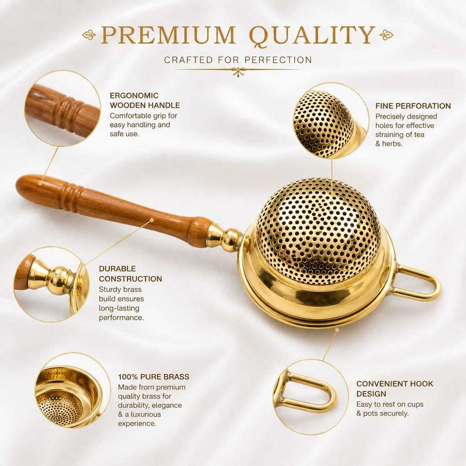 Kansoraa Brass and Wood Tea Strainer | Brass Tea Strainer-Long Handle ...