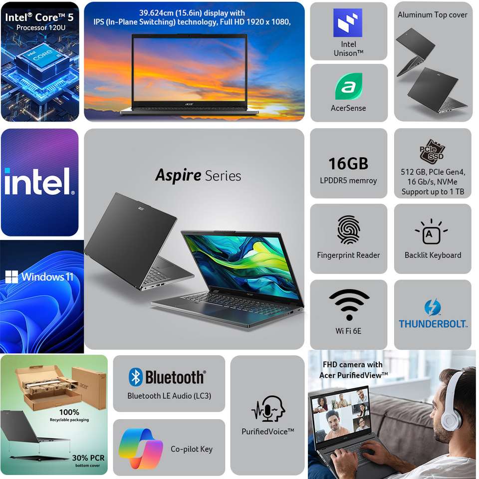 Acer Aspire 15 Metal Body (i5 14th Gen) Intel Core 5 120U - (16 GB/512 ...
