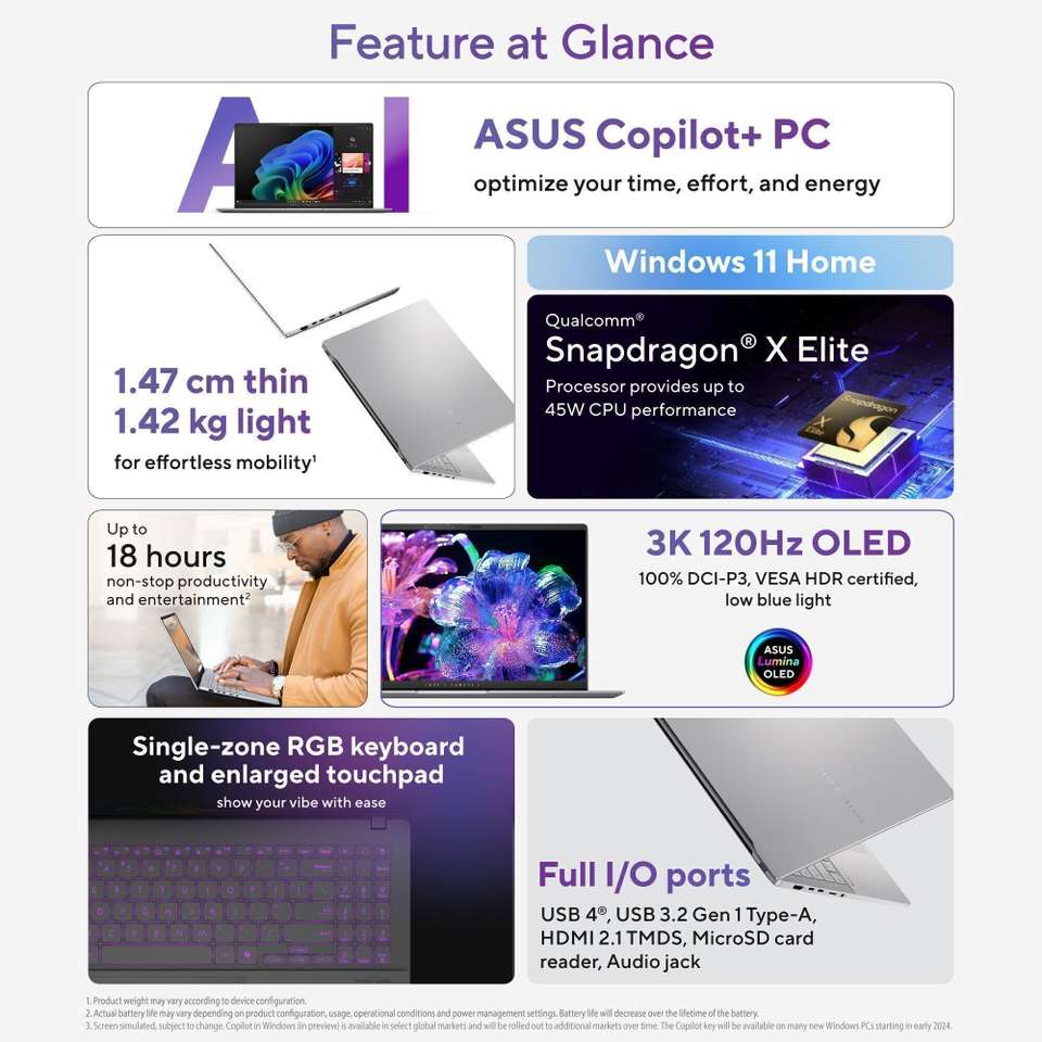 ASUS Vivobook S15 OLED Copilot + PC, AI PC, Full Metal Body, Backlit ...