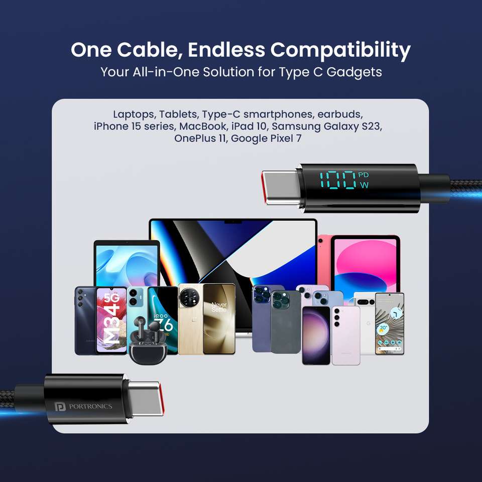 Portronics Type C 5 A 1.2 m Konnect View 100W Type C to Type C Cable ...