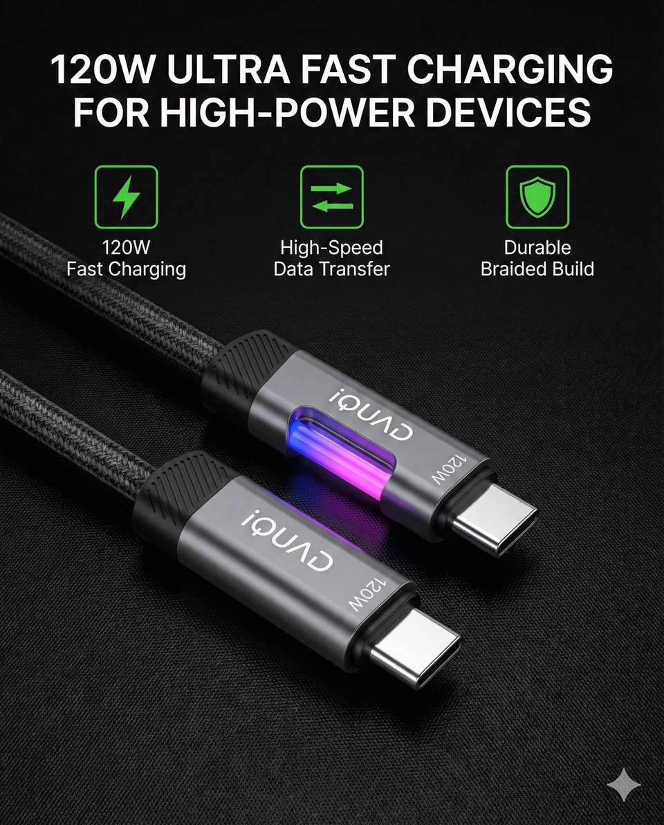 iQUAD Type C 1 m Fast Charge Type C Cable 120W LED Flash Indicator ...