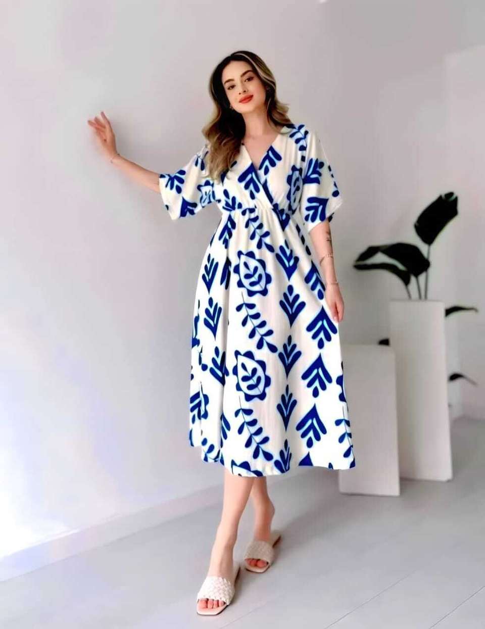 SutrikaCreation Women Fit and Flare White, Blue Below Knee Dress - Buy ...
