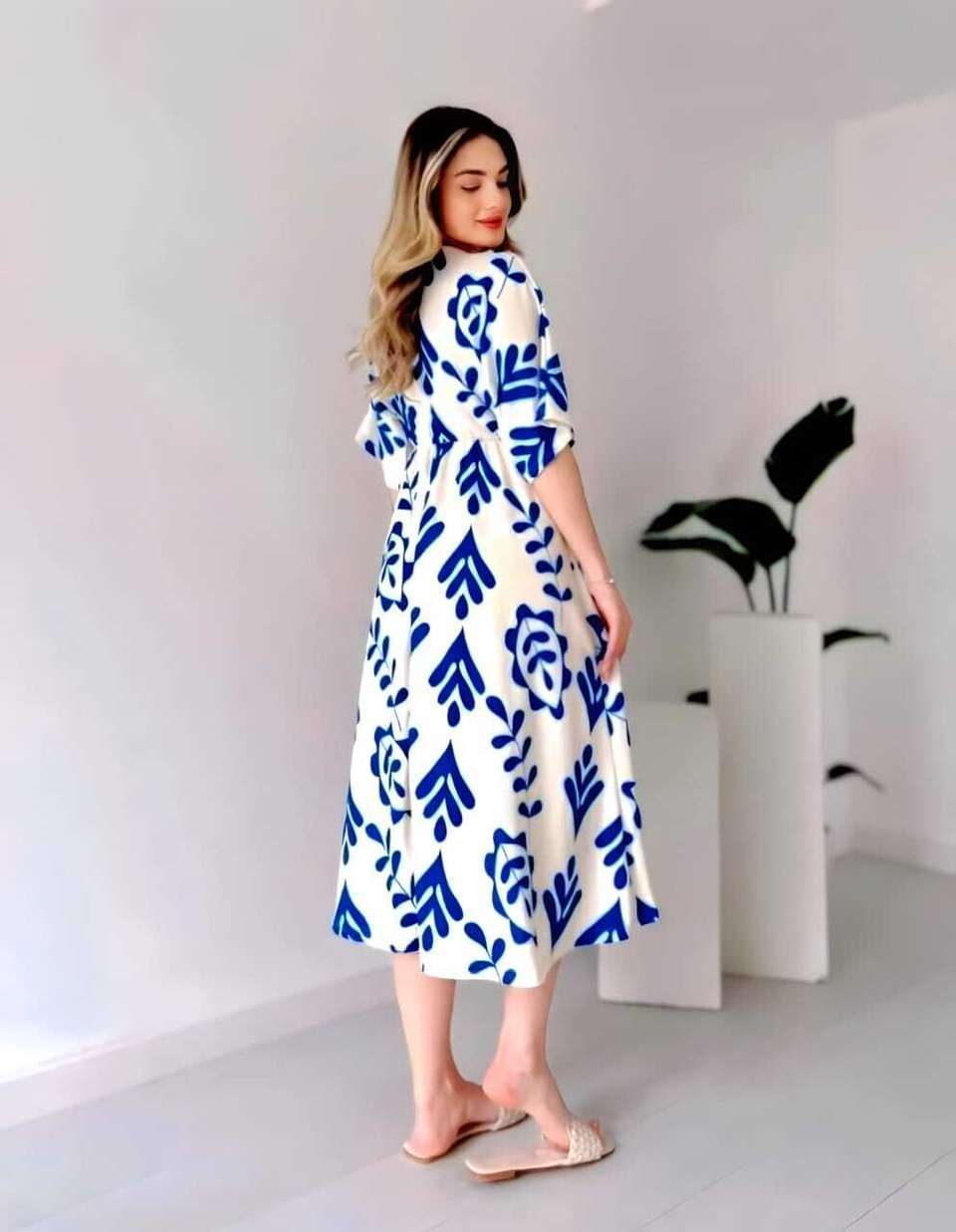 SutrikaCreation Women Fit and Flare White, Blue Below Knee Dress - Buy ...