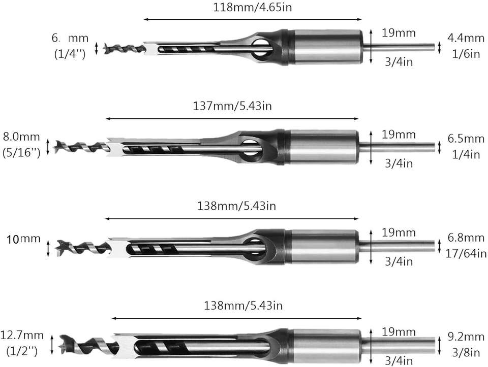 uptodateprouducts 4 Pcs Chisel Set 6/8/10/12.7 mm Square Hole Drill ...