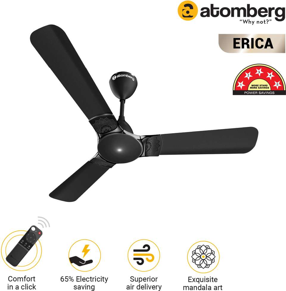 Atomberg Erica Ceiling Fan 1200mm Black with 3 Year Warranty BLDC Motor ...