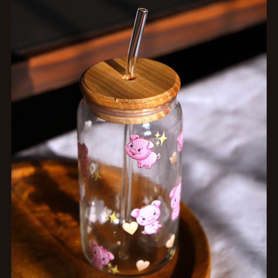 najarat Piggy Glass Tumbler With Bamboo Lid and Reusable Glass Straw ...