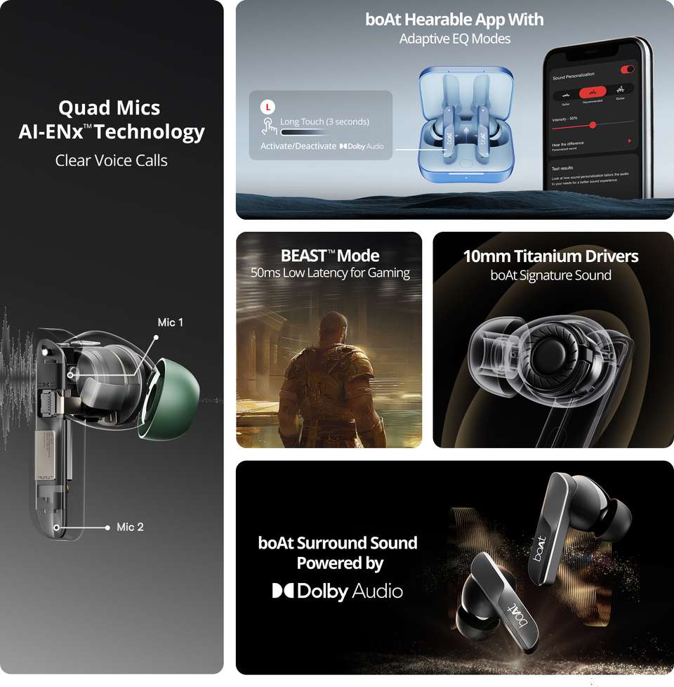 boAt Airdopes 800 w/ Dolby Audio, 4 Mics AI-ENx Tech, Titanium Drivers ...