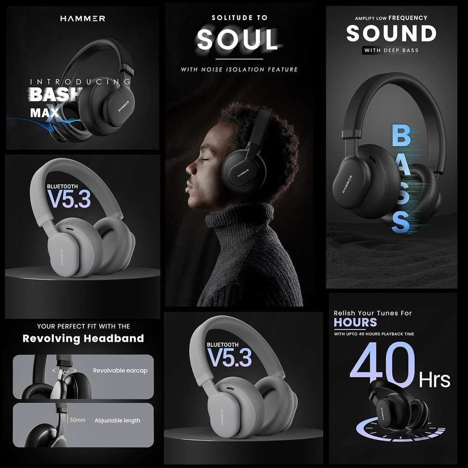 Hammer Bash Max wireless over the ear|Deep Bass|18hr Playtime|Touch ...