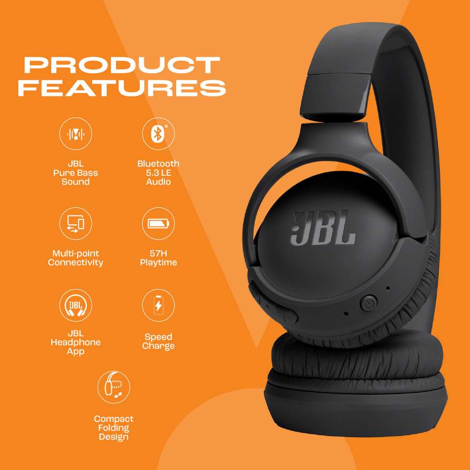 JBL Tune 520 BT 57Hr Playtime, Pure Bass, Multi Connect 5.3LE Bluetooth ...