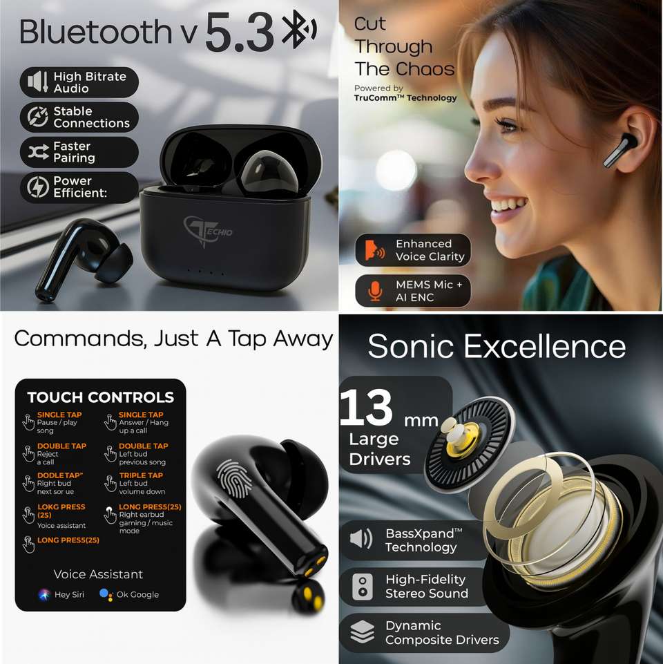TECHIO X12 Pods Ultra Bass Pro Max DeepSound AirBoost WaveTune ...