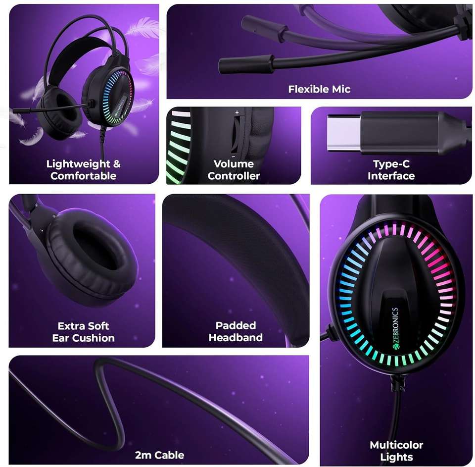 ZEBRONICS Zeb-Blitz C Dolby Atmos Premium Headphone, Flexible Mic,Type ...