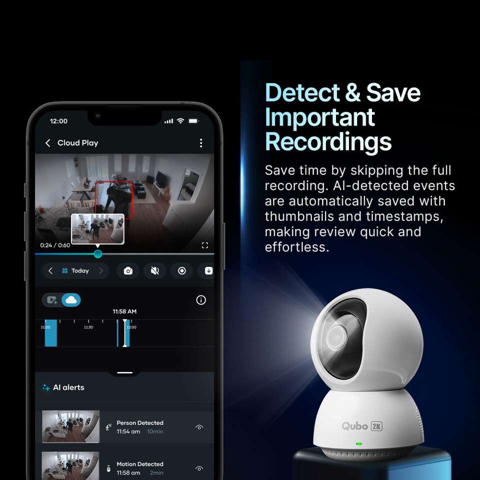 Qubo Smart 360 degree Wi-Fi Camera | 4MP | AI App Alerts | Alarm |Cloud ...