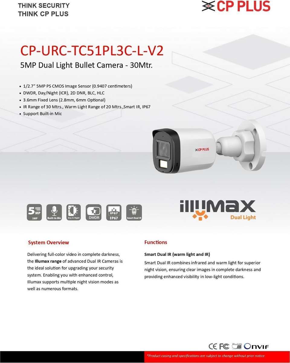 CP PLUS 5MP Dual Light Bullet Outdoor Camera - 30Mtr.(CP-URC-TC51PL3C-L ...