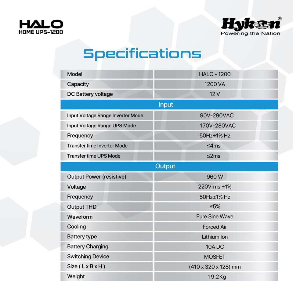 Hykon Halo 1200 Halo 1200 Inbuilt Lithium Ion battery Inverter with 60 ...