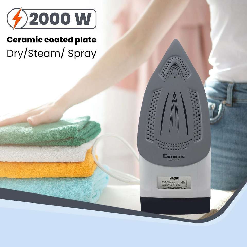 AGARO Royal Steam Iron, 2000W, Ceramic Coated Sole Plate, Fast Heating ...