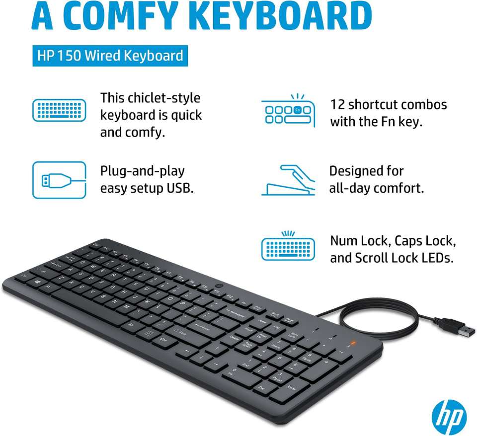HP 150 Wired USB Standard Desktop Keyboard Compatible with Desktop ...